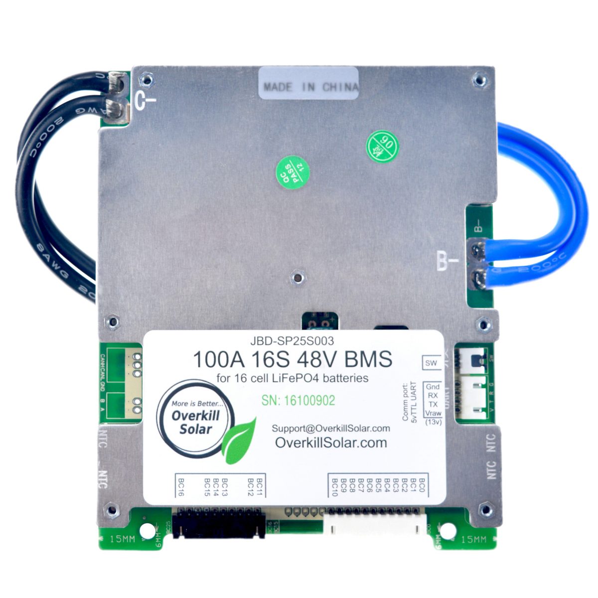 16s BMS 100a for LifePo4 with 12″ 8ga Wires – Overkill Solar