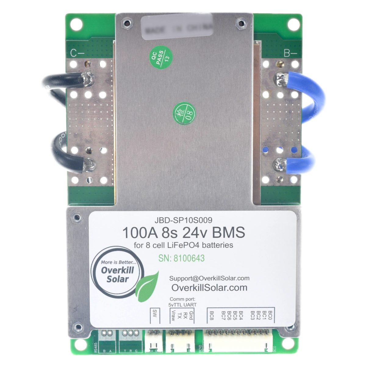 8s BMS 100a LifePo4 with 12″ 8ga Wires – Overkill Solar